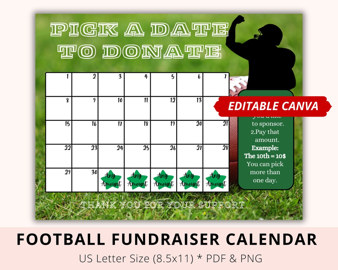 Editable Football Pick a Date to Donate, Football Fundraiser Calendar ...