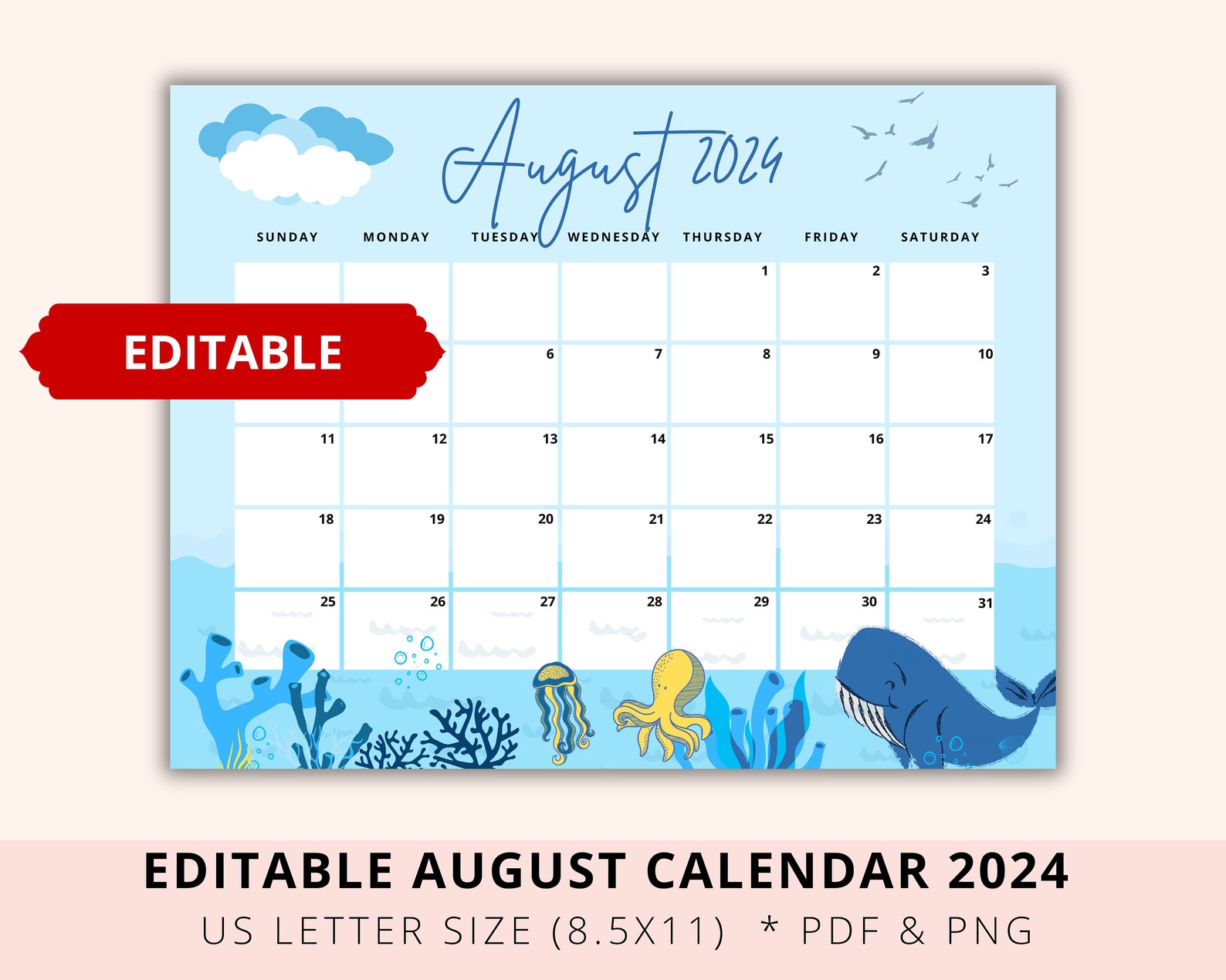 Editable August 2024 Calendar, Monthly Calendar Printable, Academic ...