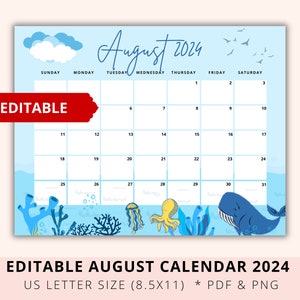 Editable August 2024 Calendar, Monthly Calendar Printable, Academic ...