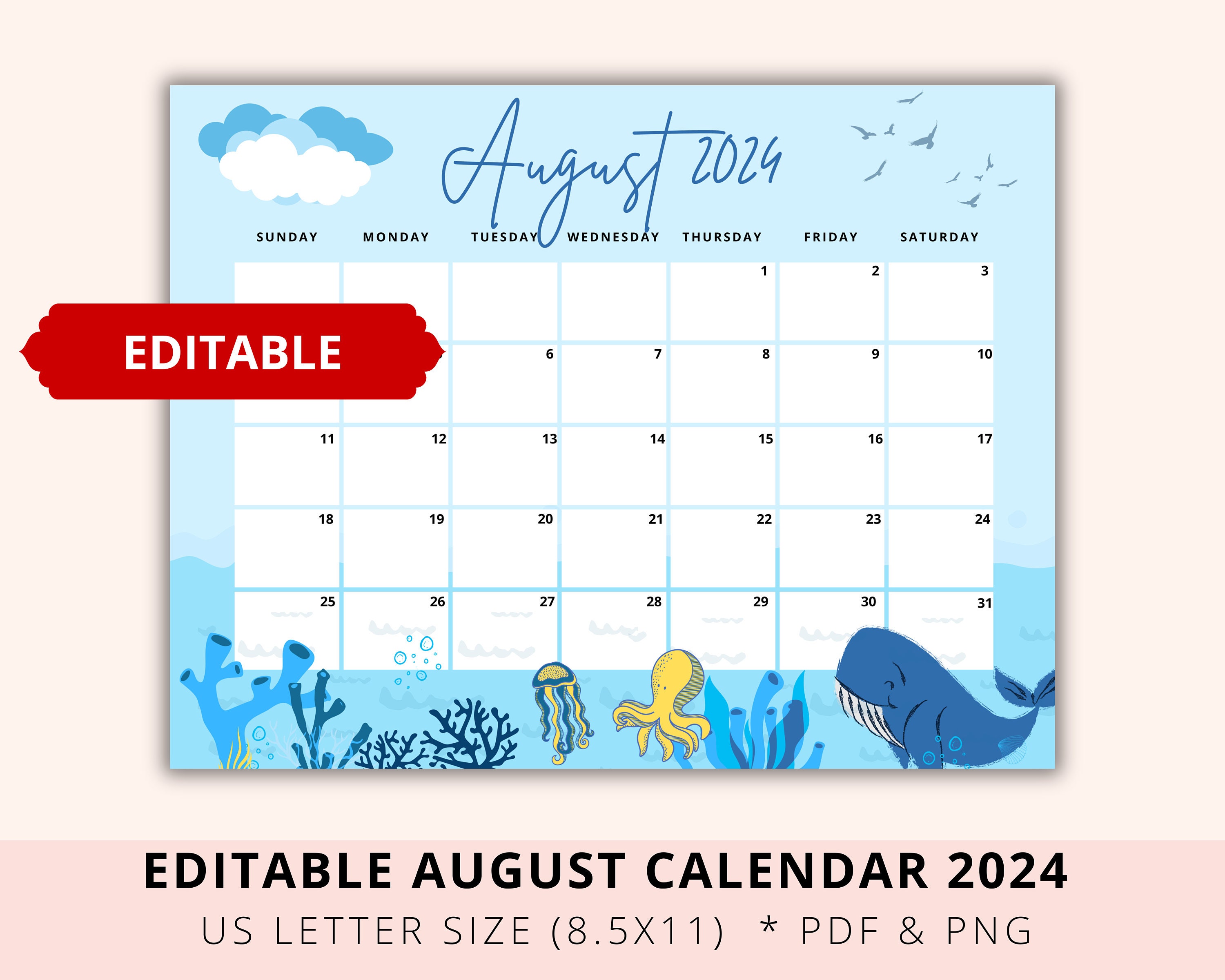 Editable August 2024 Calendar, Monthly Calendar Printable, Academic ...