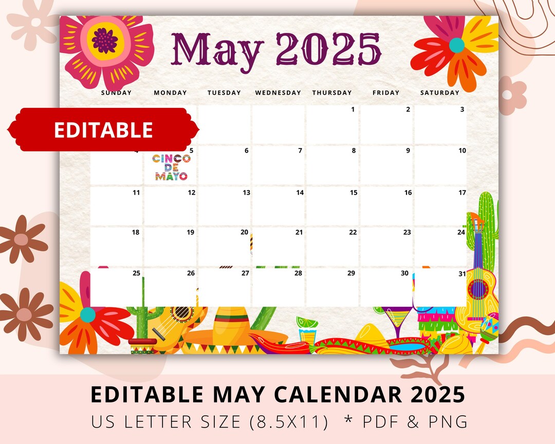 Editable May Calendar 2025, May Holiday Calendar, Monthly Calendar 2025 ...