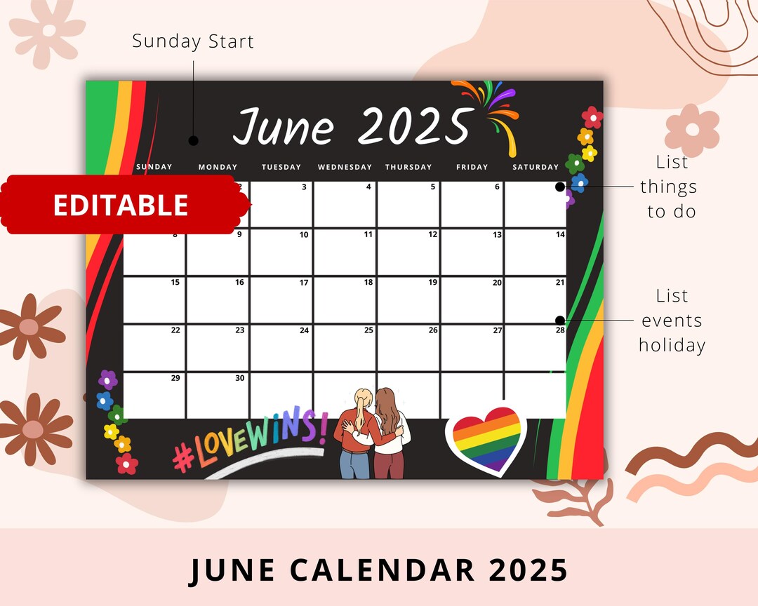 Editable June 2025 Calendar Printable, LGBT, Pride Month, Queer ...
