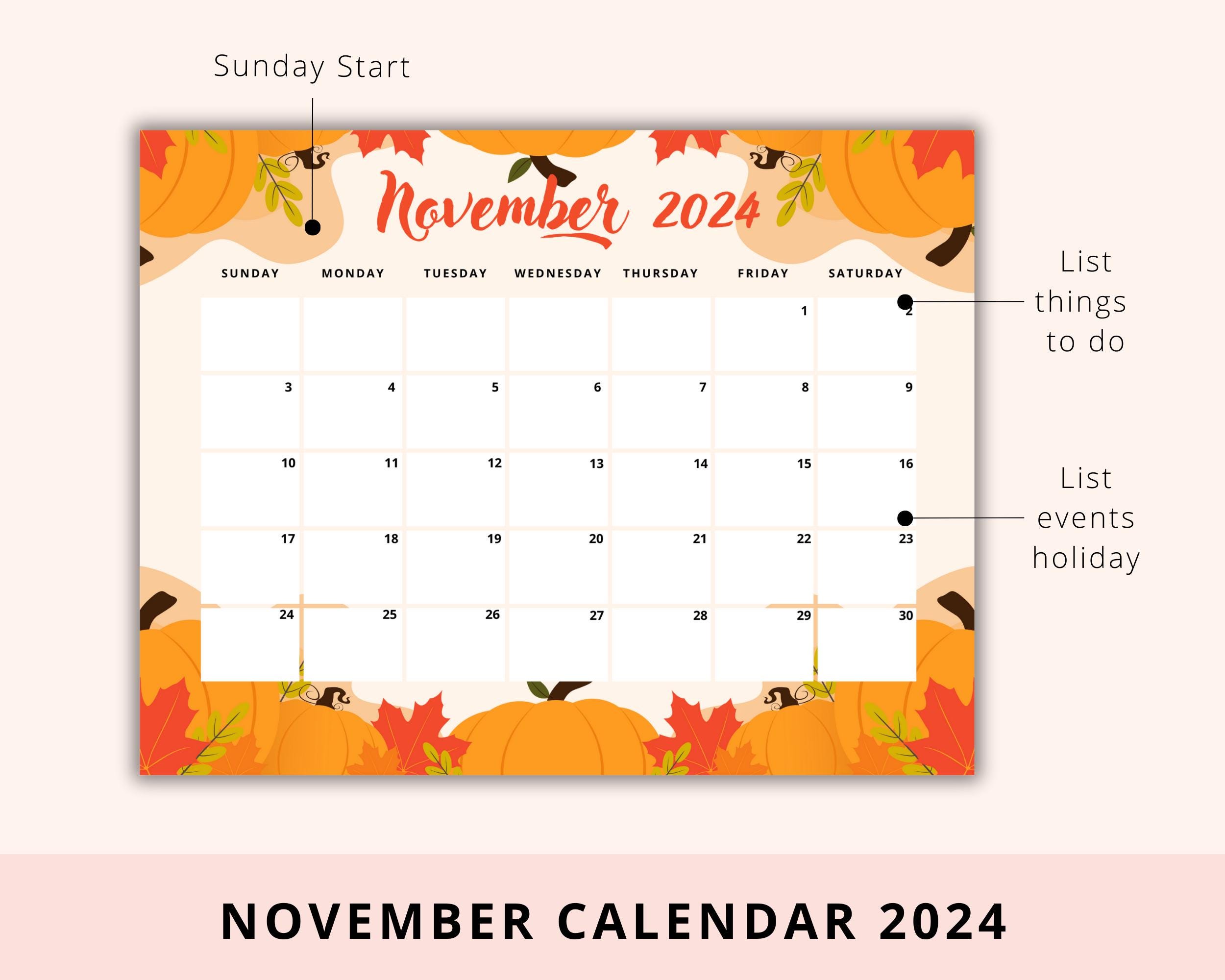 Editable Thanksgiving 2024 Calendar, November 2024 Calendar, Minimalist ...
