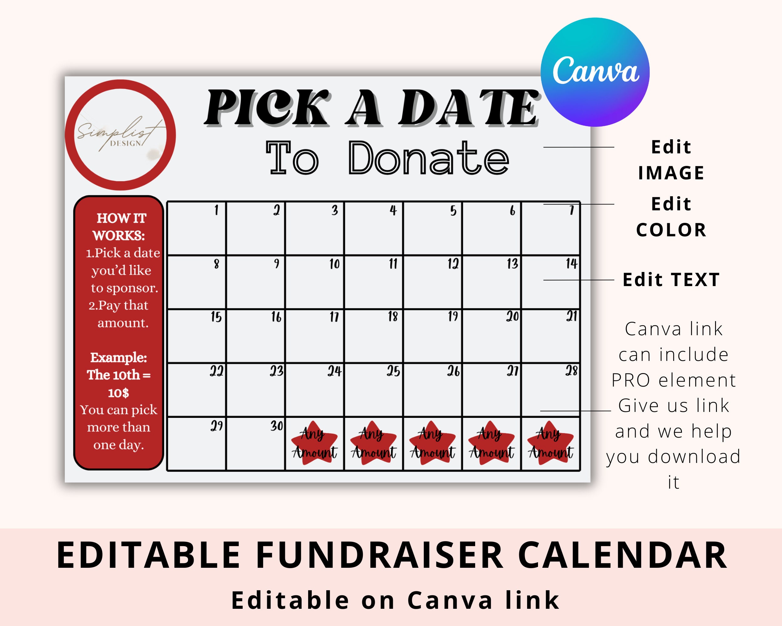 Editable All Purpose Pick a Date to Donate, Fundraiser Calendar, Red ...