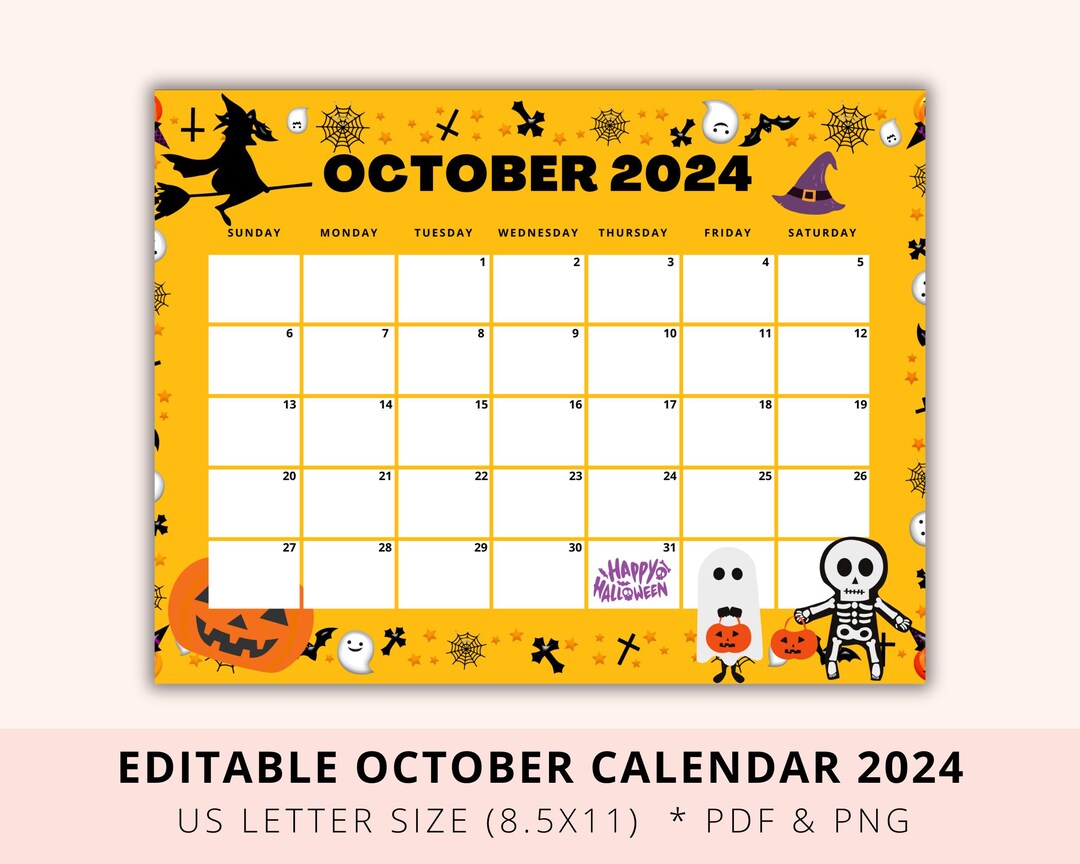 Editable Halloween 2024 Calendar Printable, October 2024, Academic ...