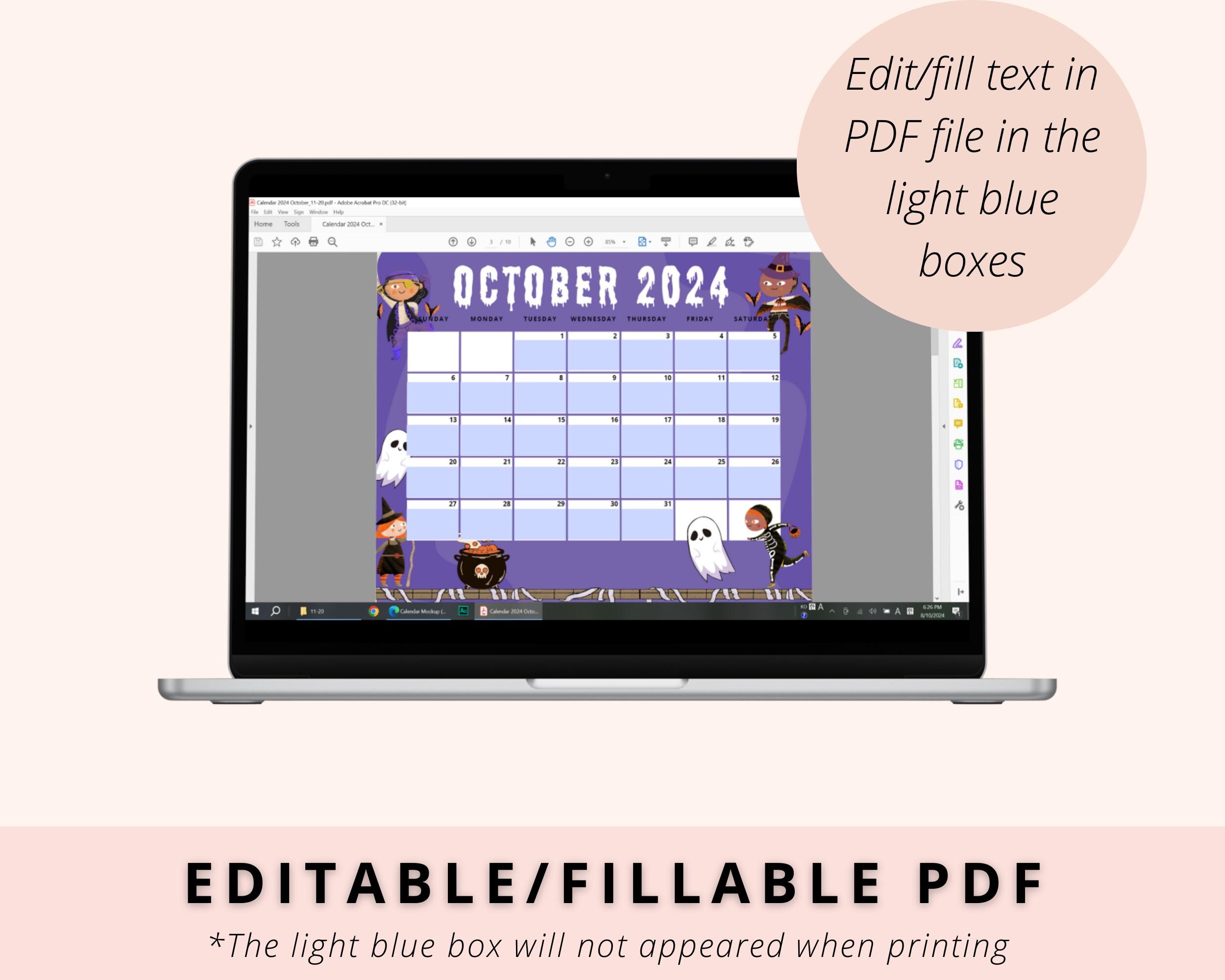 Editable Halloween 2024 Calendar Printable, October 2024, Holiday Theme ...