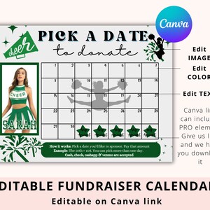 Cheer Fundraiser Calendar, Cheer Pick a Date to Donate, Green Theme ...