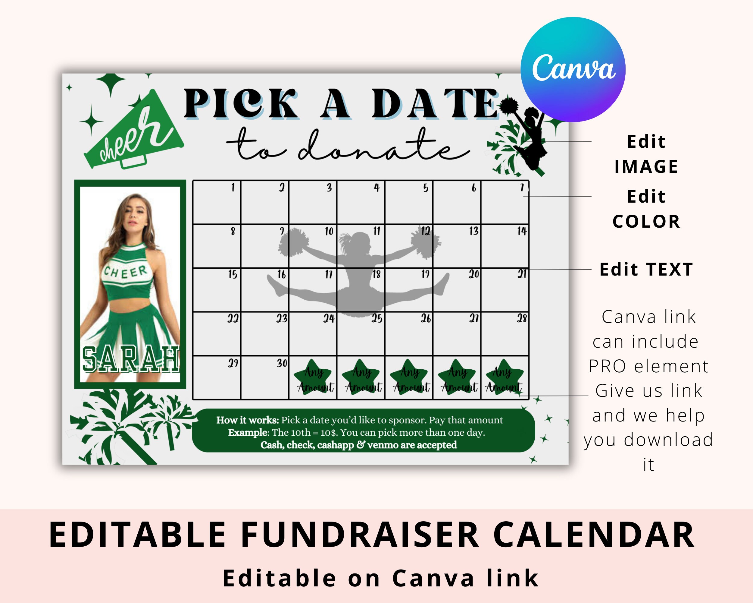 Cheer Fundraiser Calendar, Cheer Pick a Date to Donate, Green Theme ...