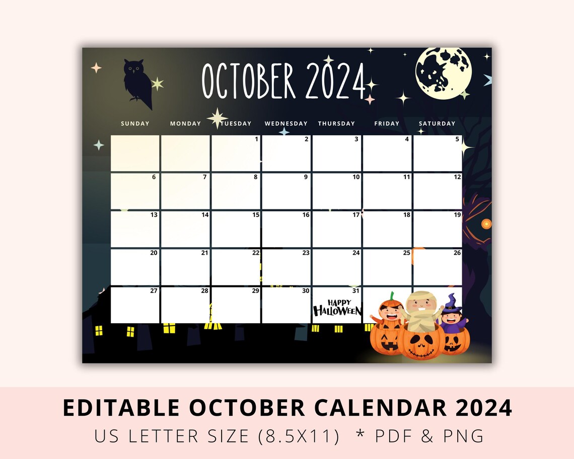 Editable Halloween 2024 Calendar, October 2024 Calendar, Kid Calendar ...