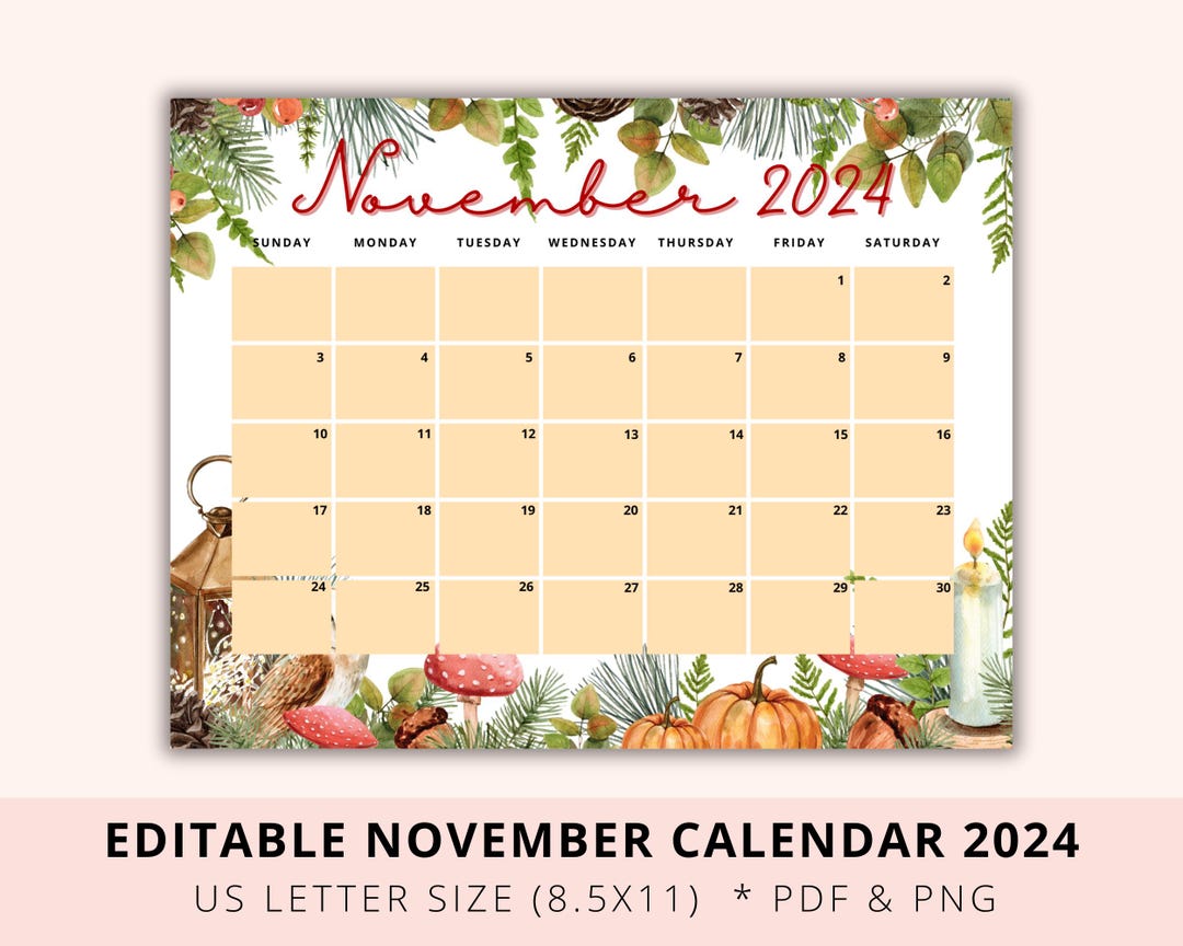 Editable Thanksgiving 2024 Calendar, November 2024 Calendar, Autumn ...
