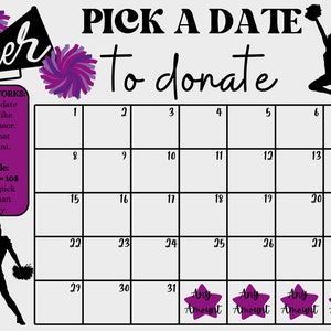 Cheer Pick a Date to Donate, Purple Theme, March Fundraiser Calendar ...