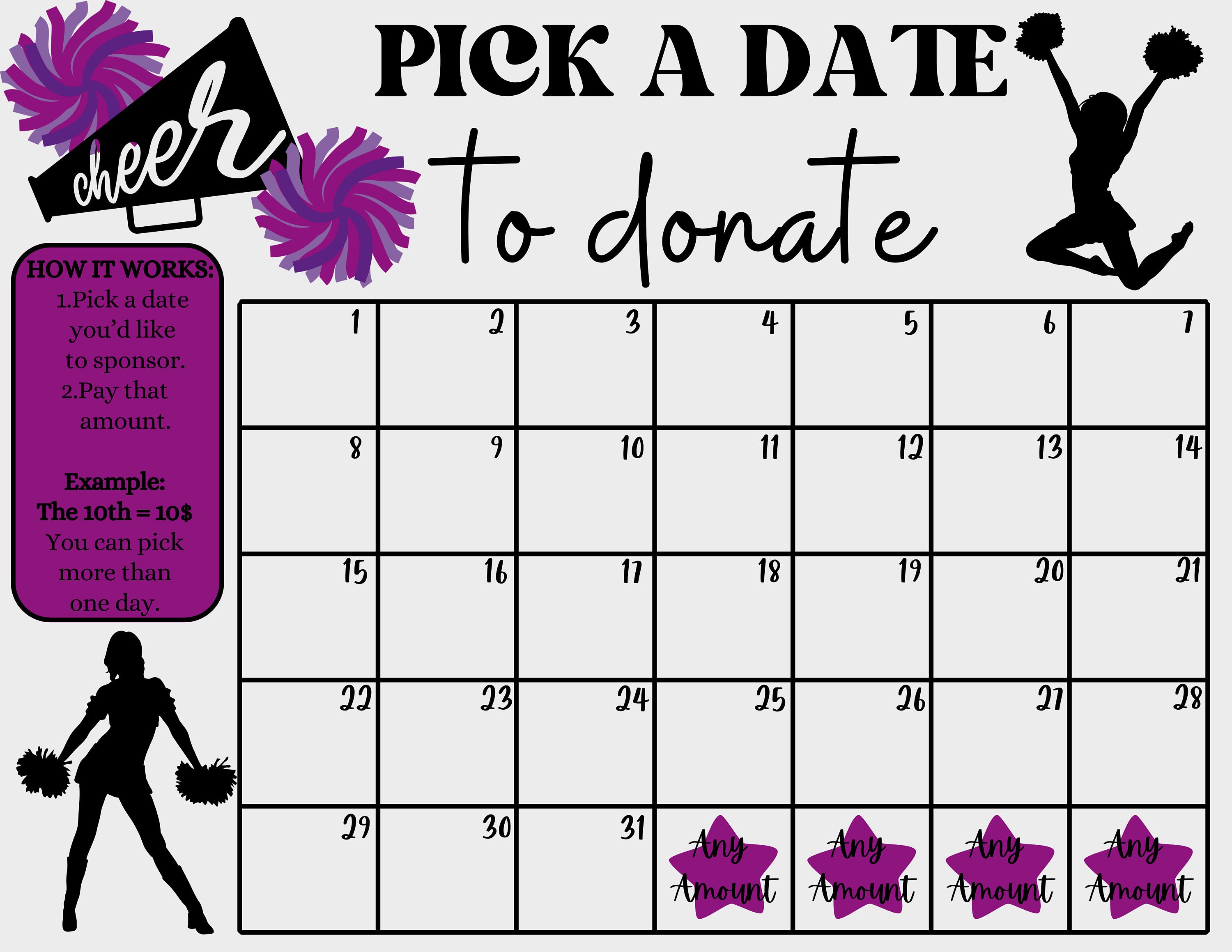 Cheer Pick a Date to Donate, Purple Theme, March Fundraiser Calendar ...