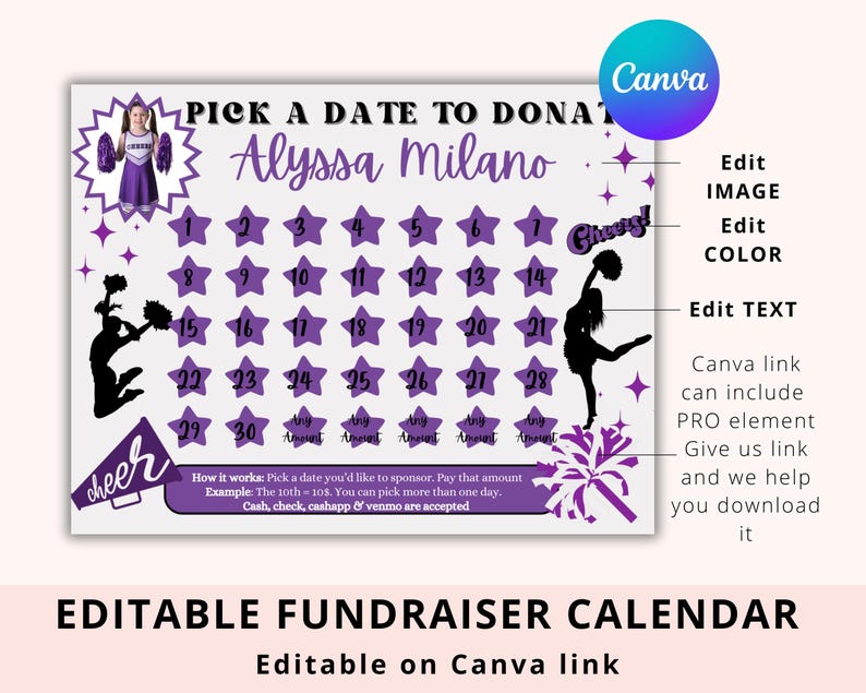 Editable Cheer Pick a Date to Donate, Cheer School Donate, Canva ...