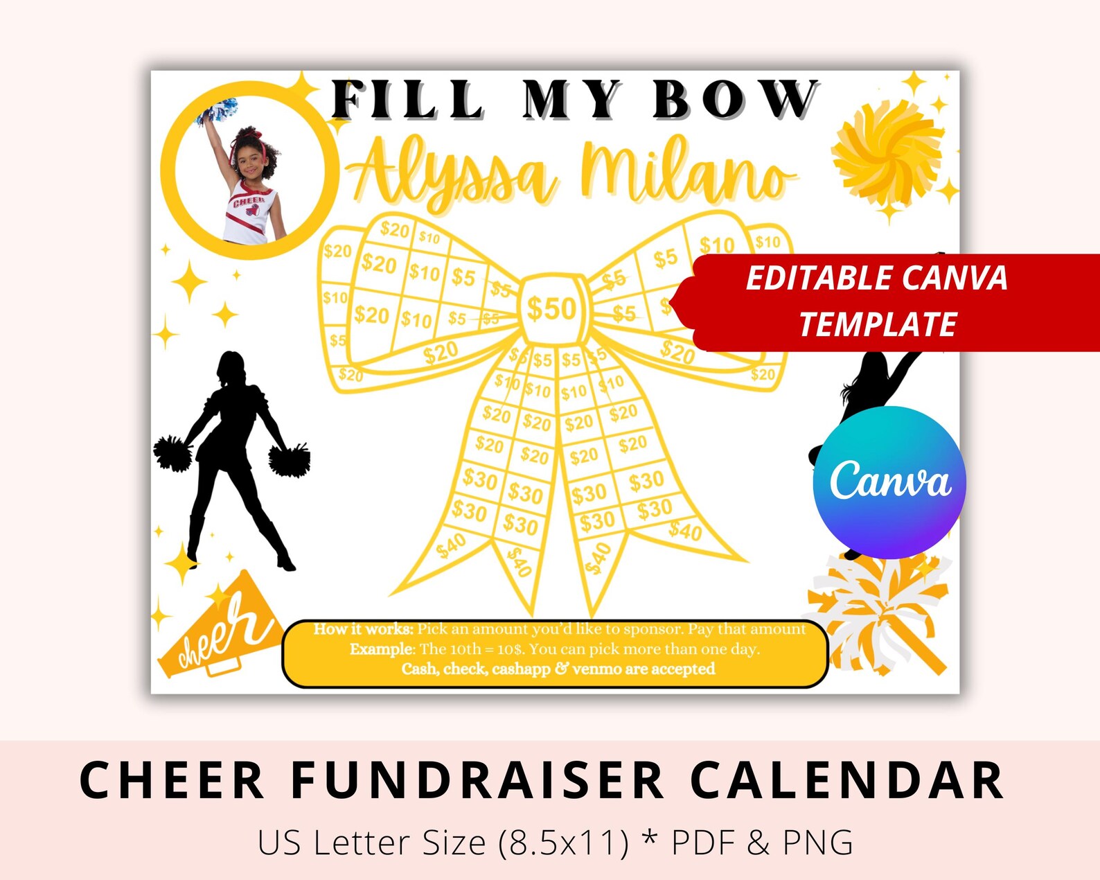 Editable Cheer Pick a Date to Donate, Fill My Bow, Yellow Theme, School ...