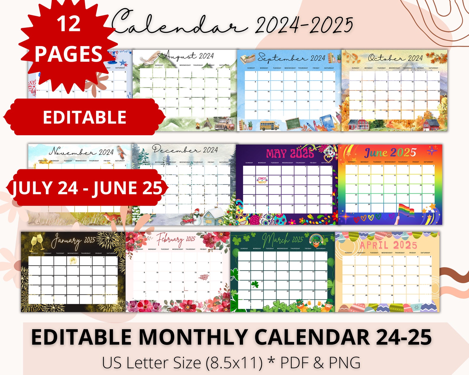 Editable Monthly Calendar 2024 2025, 12 Month, Back to School, Holiday ...
