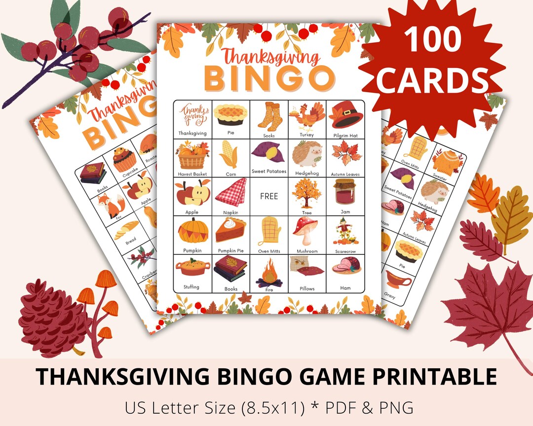 Thanksgiving Bingo Game, 100 Bingo Cards, Bingo Game Printable ...