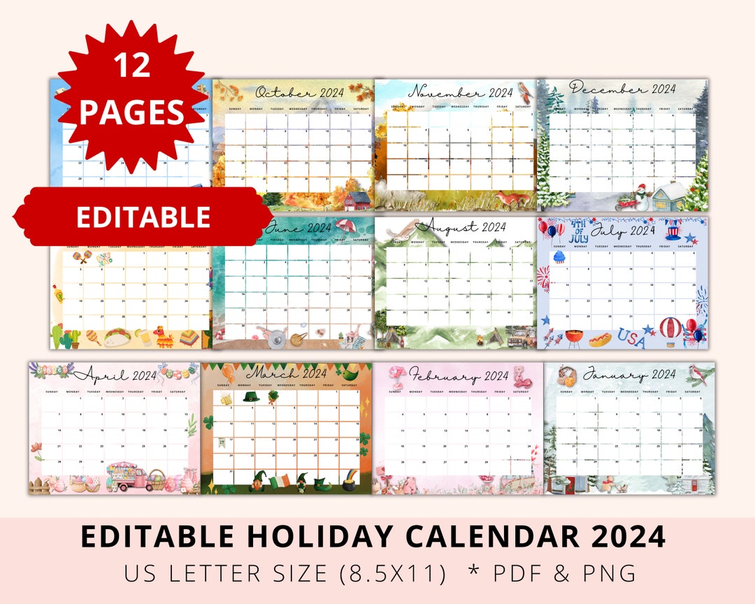 Editable Monthly Calendar 2024, School Calendar, 12 Month, Holiday ...