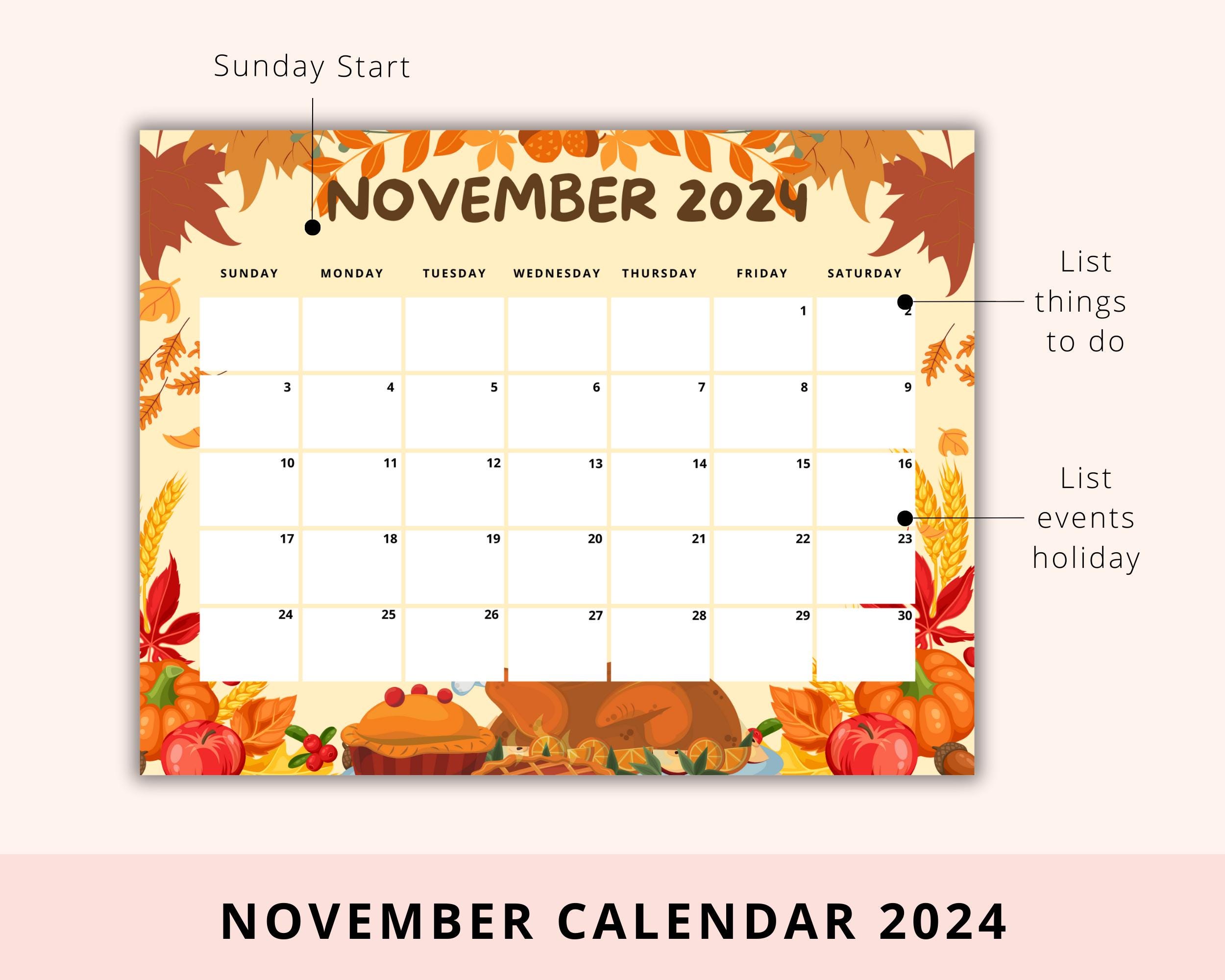 Editable Thanksgiving 2024 Calendar, November 2024 Calendar, Academic ...