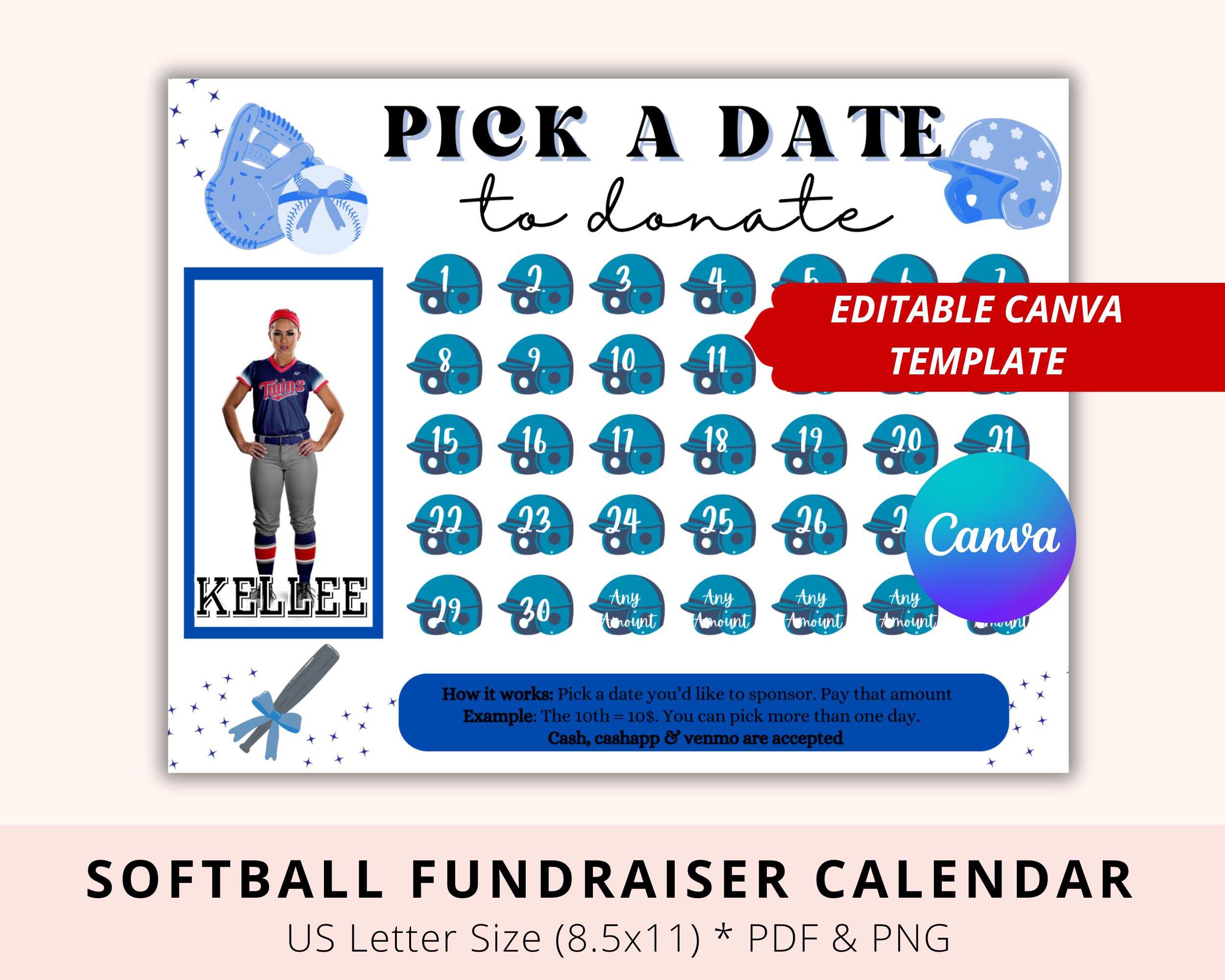 Editable Softball Pick a Date to Donate, Black Out My Board, Navy, Help ...