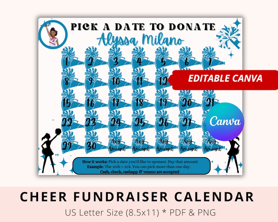 Editable Cheer Fundraiser Calendar, Cheer School Donate, Navy Theme ...