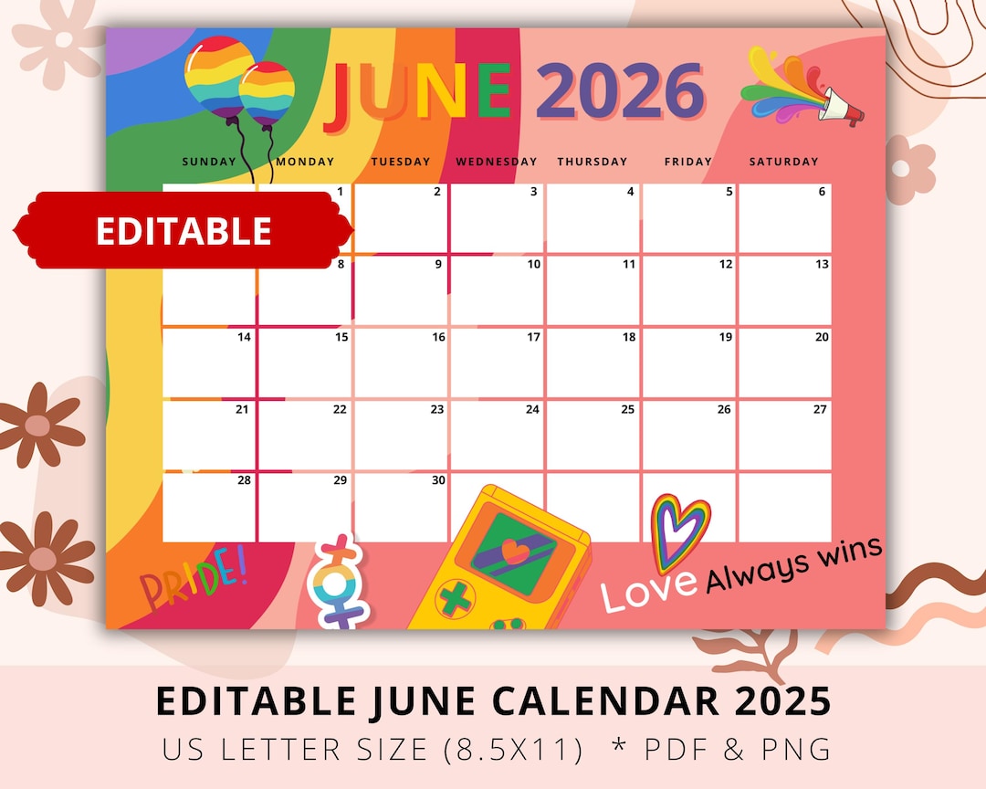 Editable June Calendar 2026, Pride Month 2026, LGBT Proud, Academic ...