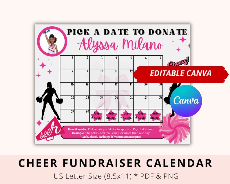 Editable Cheer Pick a Date to Donate, Black Out My Board, Canva, Pink ...