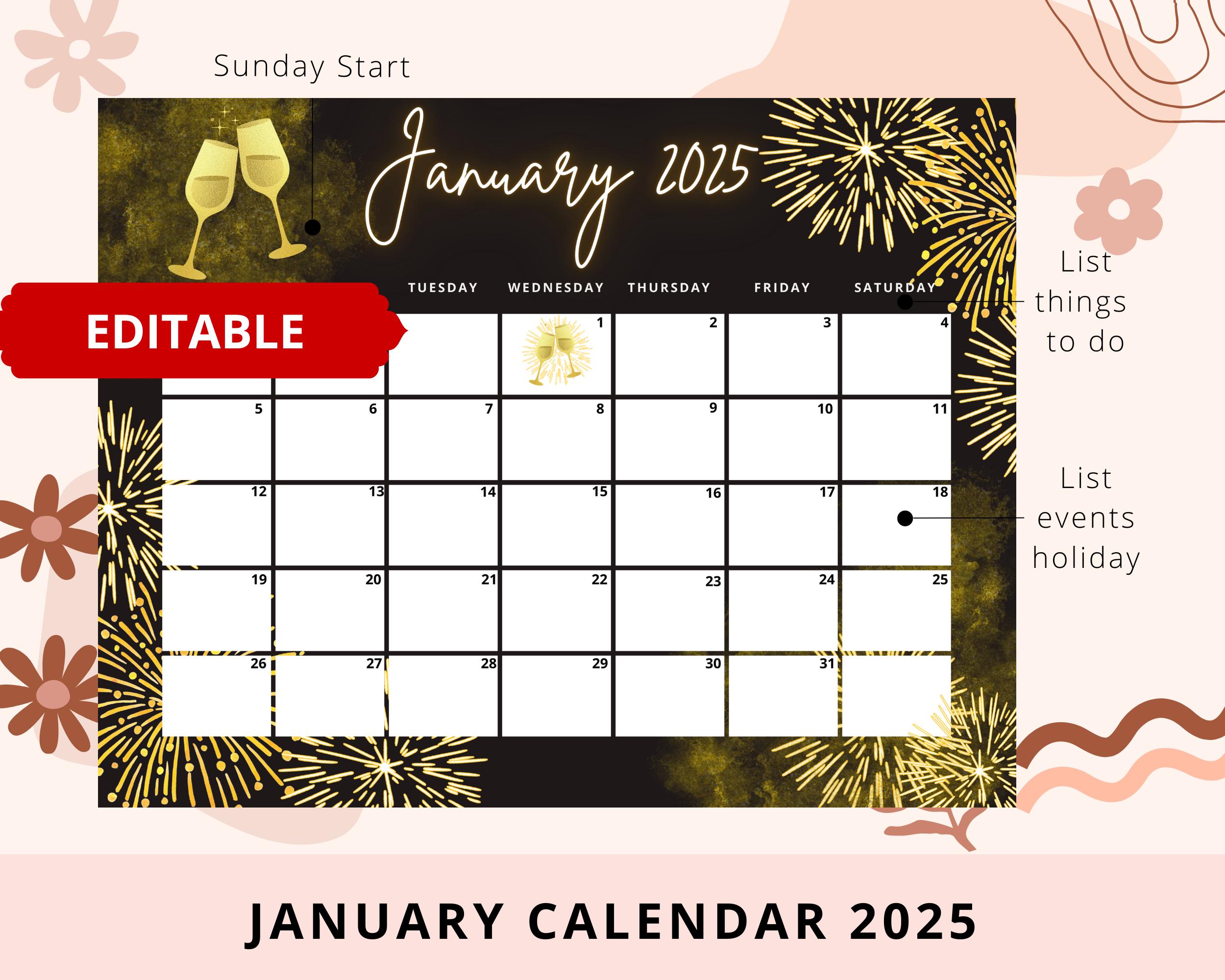 Editable January 2025 Calendar, Holiday Calendar, Academic Planner ...