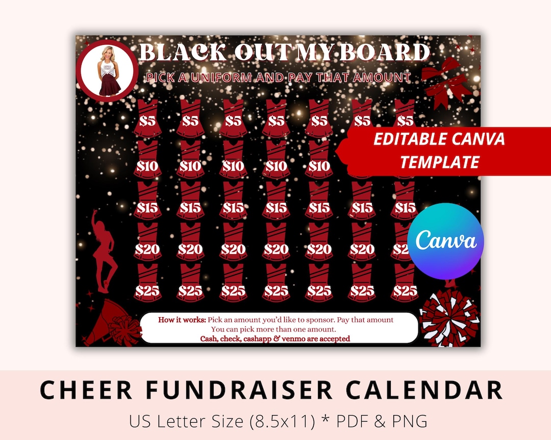 Editable Cheer Pick a Date to Donate, Black Out My Board, Maroon Theme ...