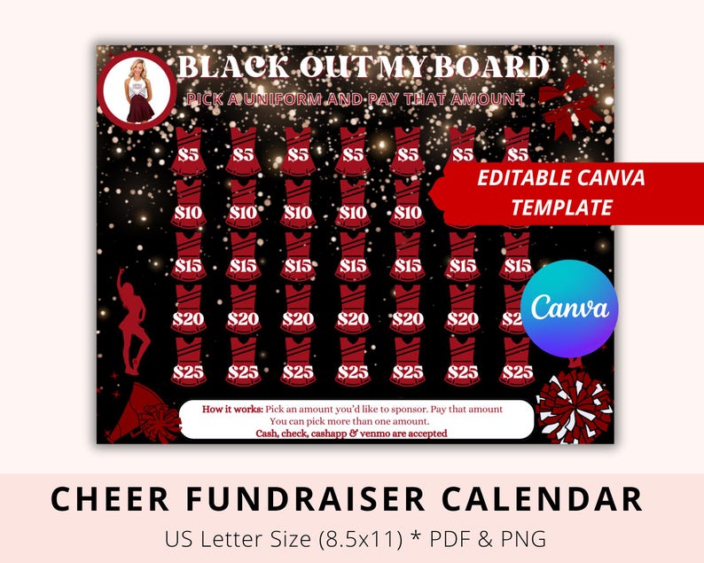 Editable Cheer Pick a Date to Donate, Black Out My Board, Maroon Theme ...