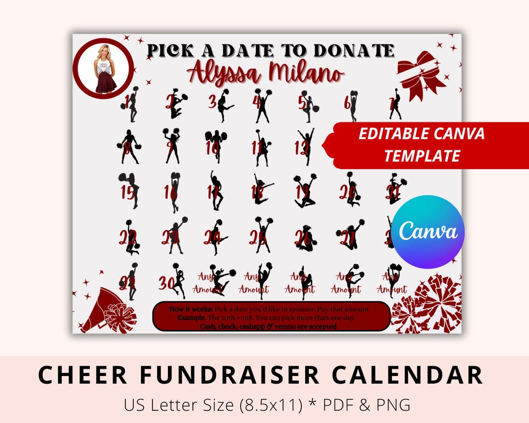 Editable Cheer School Fundraiser Calendar, Cheer Pick a Date to Donate ...