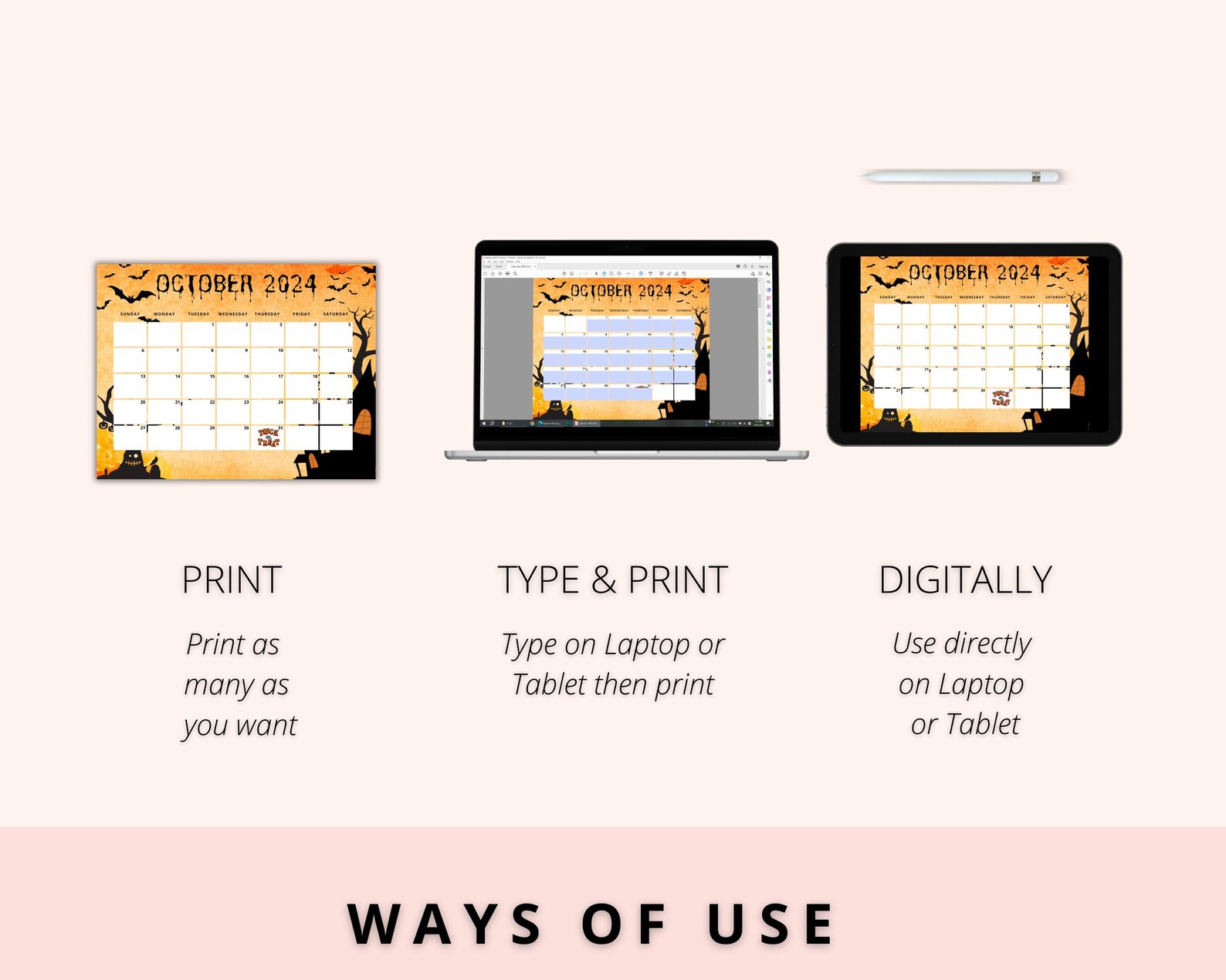 Editable Halloween Calendar 2024, October 2024 Calendar, Trick or Treat ...