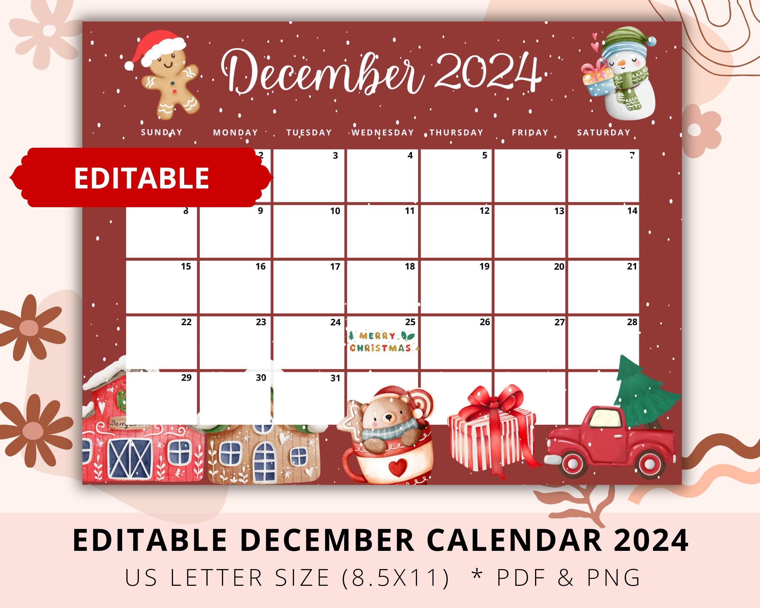 Editable Christmas Calendar 2024, December 2024 Planner, Christmas ...