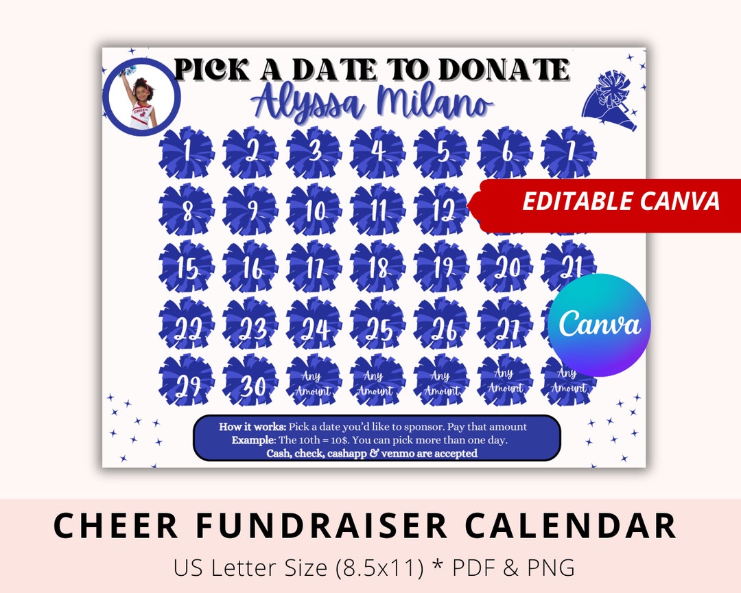 Editable Cheer Fundraiser Calendar, Cheer School Donate, Navy Theme ...