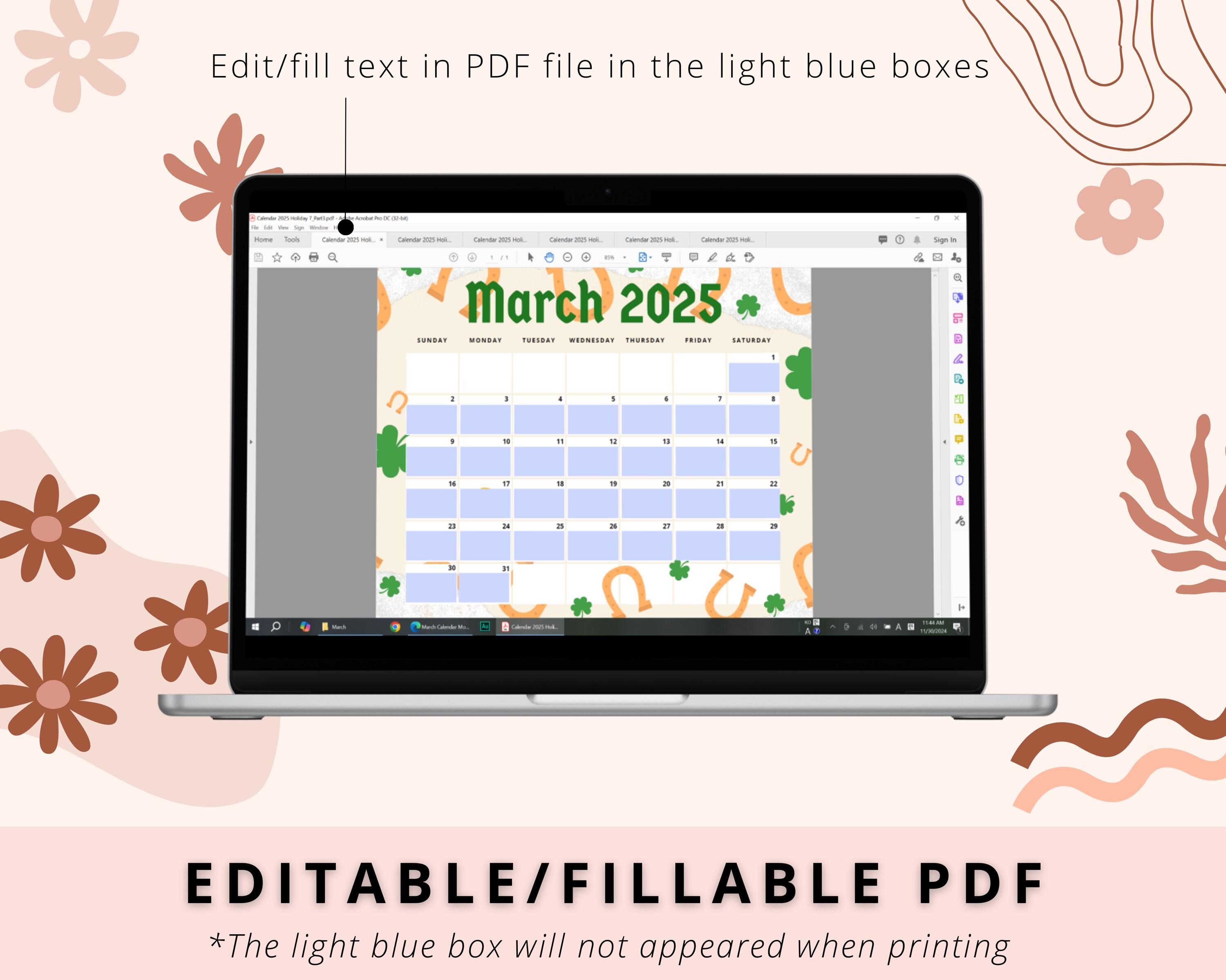 Editable March 2025 Calendar, St. Patrick's Day, Green Theme, March ...