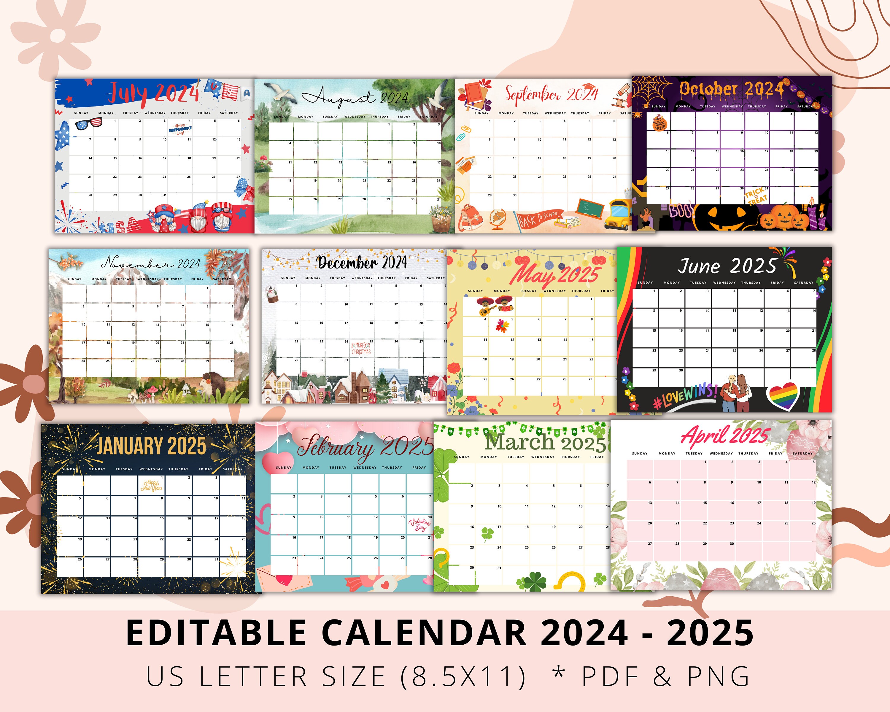 Editable Calendar 2024, Calendar 2025, 12 Month, Teacher Calendar, Back ...