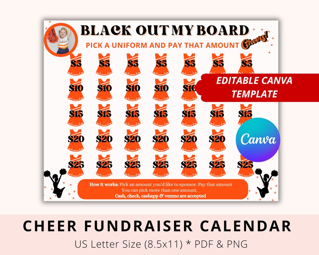 Editable Black Out My Board, Orange, Cheer Pick a Date to Donate ...