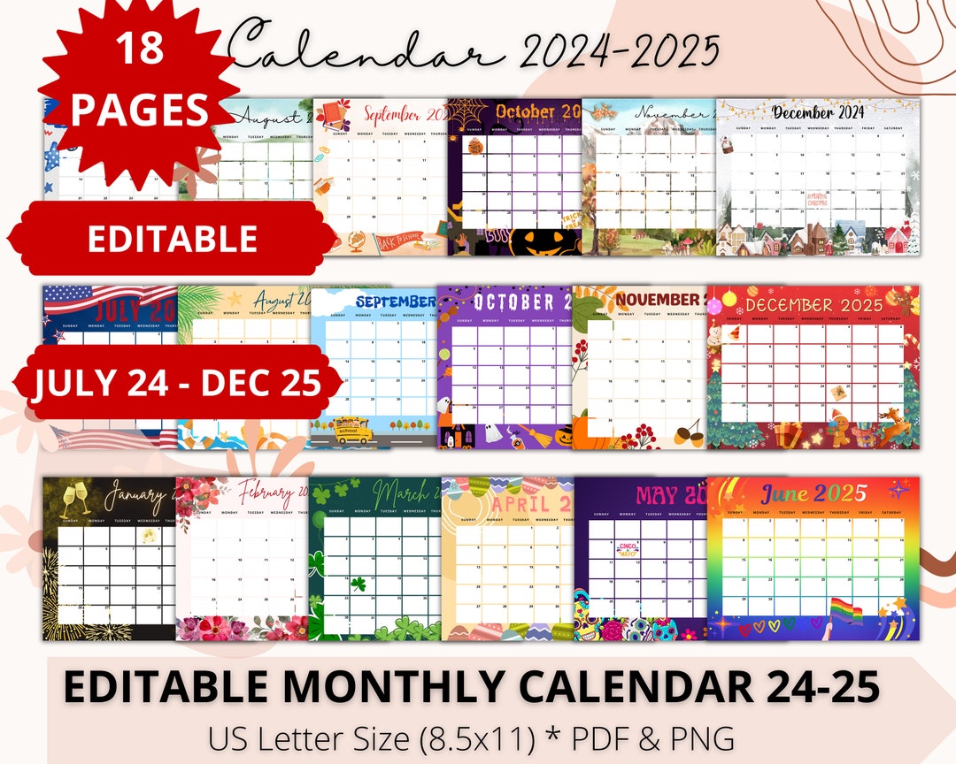 Editable Calendar 2024 2025, Back to School, 18 Months, Homeschool ...