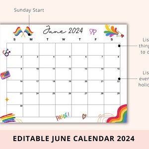 Editable June Calendar 2024, Pride Month 2024, LGBT Proud, Academic ...