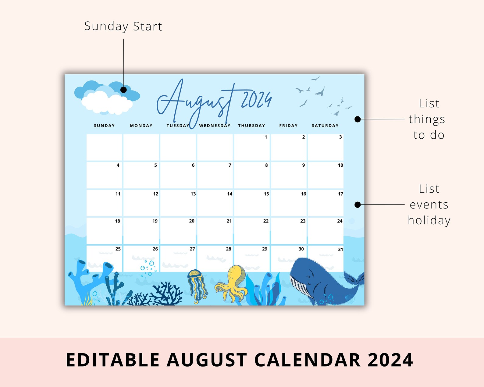 Editable August 2024 Calendar, Monthly Calendar Printable, Academic ...