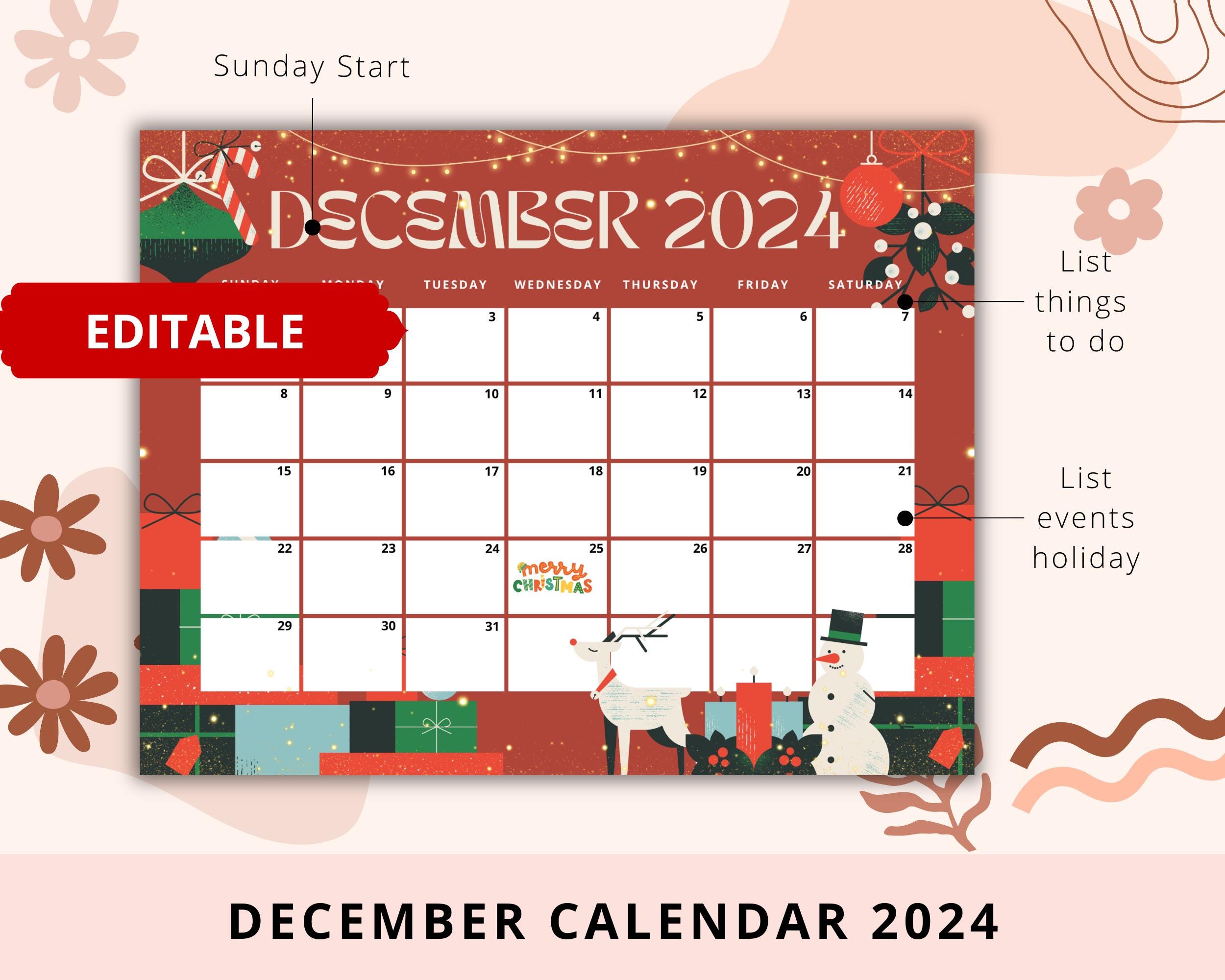 Editable Christmas 2024 Calendar, December Calendar 2024, Academic ...