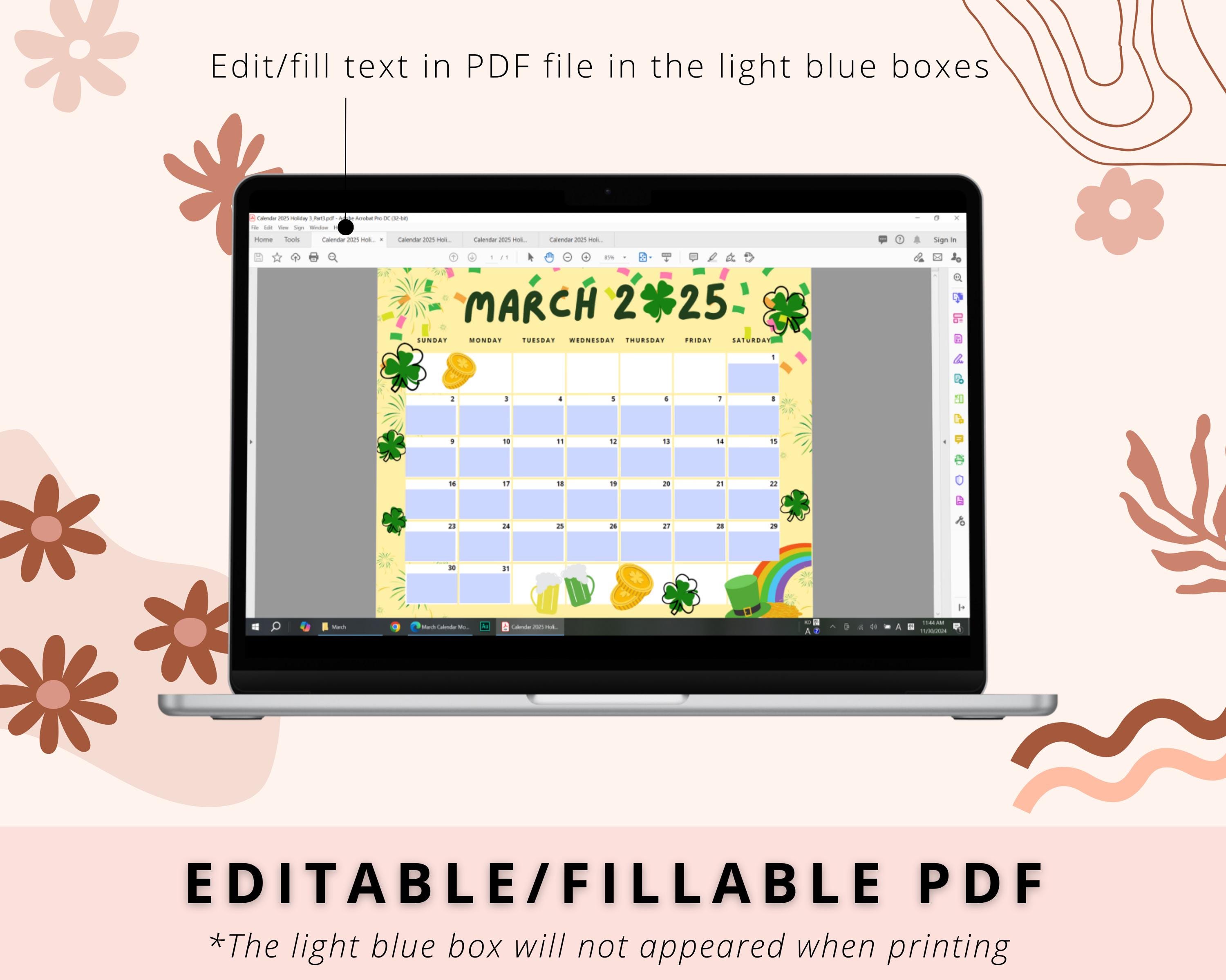 Editable March 2025 Monthly Calendar, St Patrick’s Day 2025, Planner ...