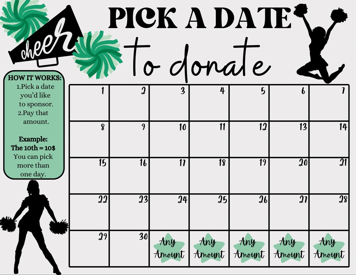 Cheer Pick a Date to Donate, Fundraiser Idea, Pay the Date Fundraiser ...