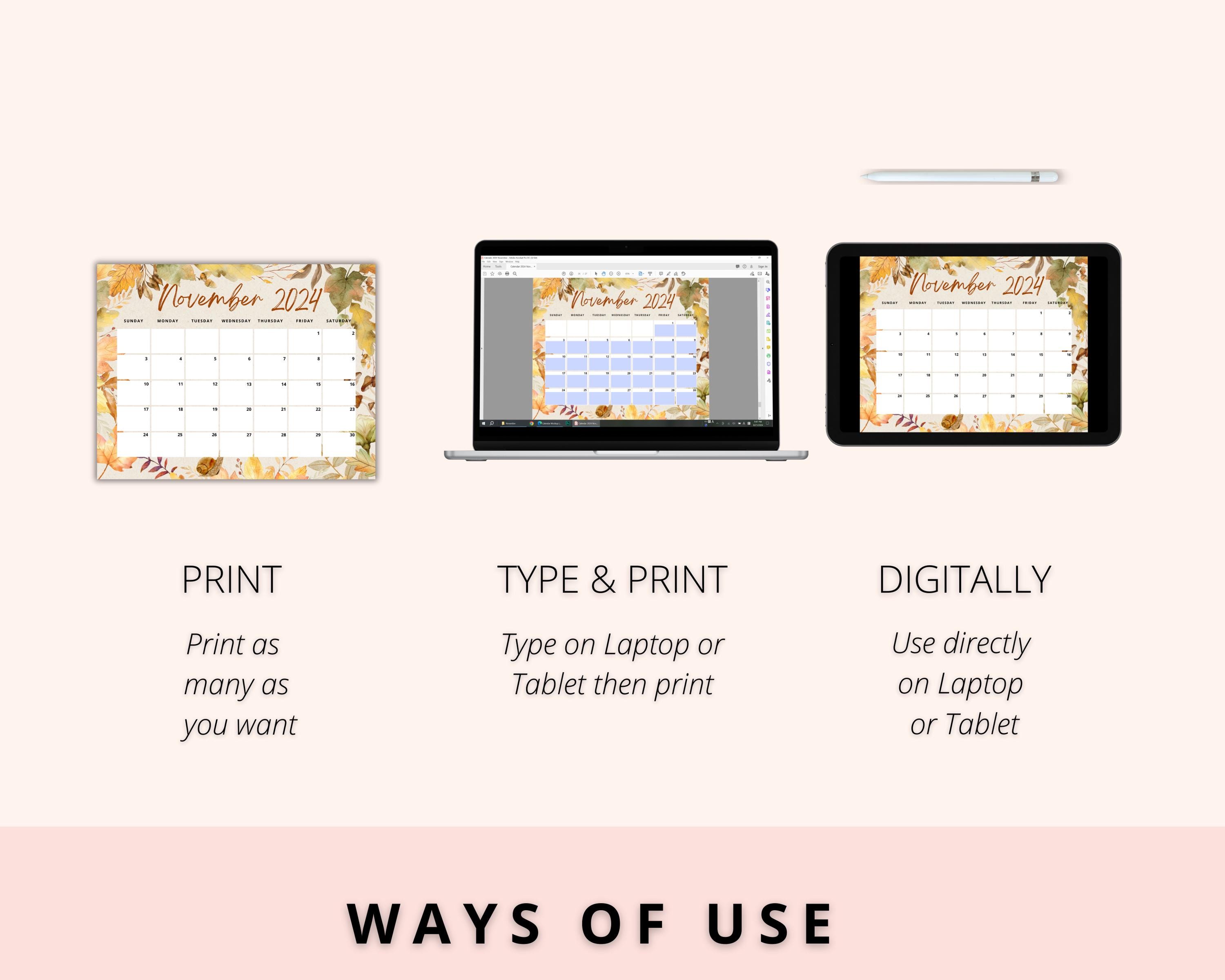 Editable Thanksgiving 2024 Calendar, November 2024 Calendar, Autumn ...