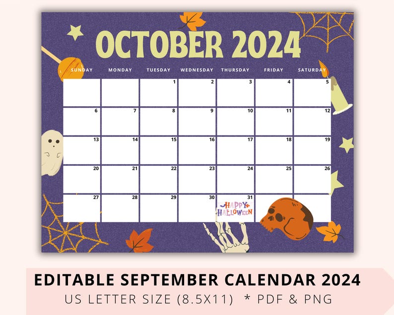 Editable October 2024 Calendar Printable, Trick or Treat, Halloween ...