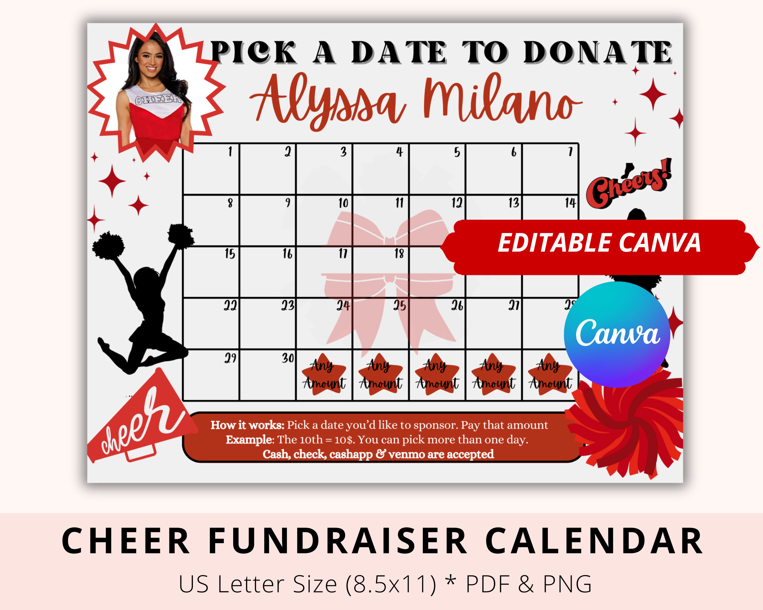 Editable Cheer Pick a Date to Donate, Cheer School Donate, Canva ...