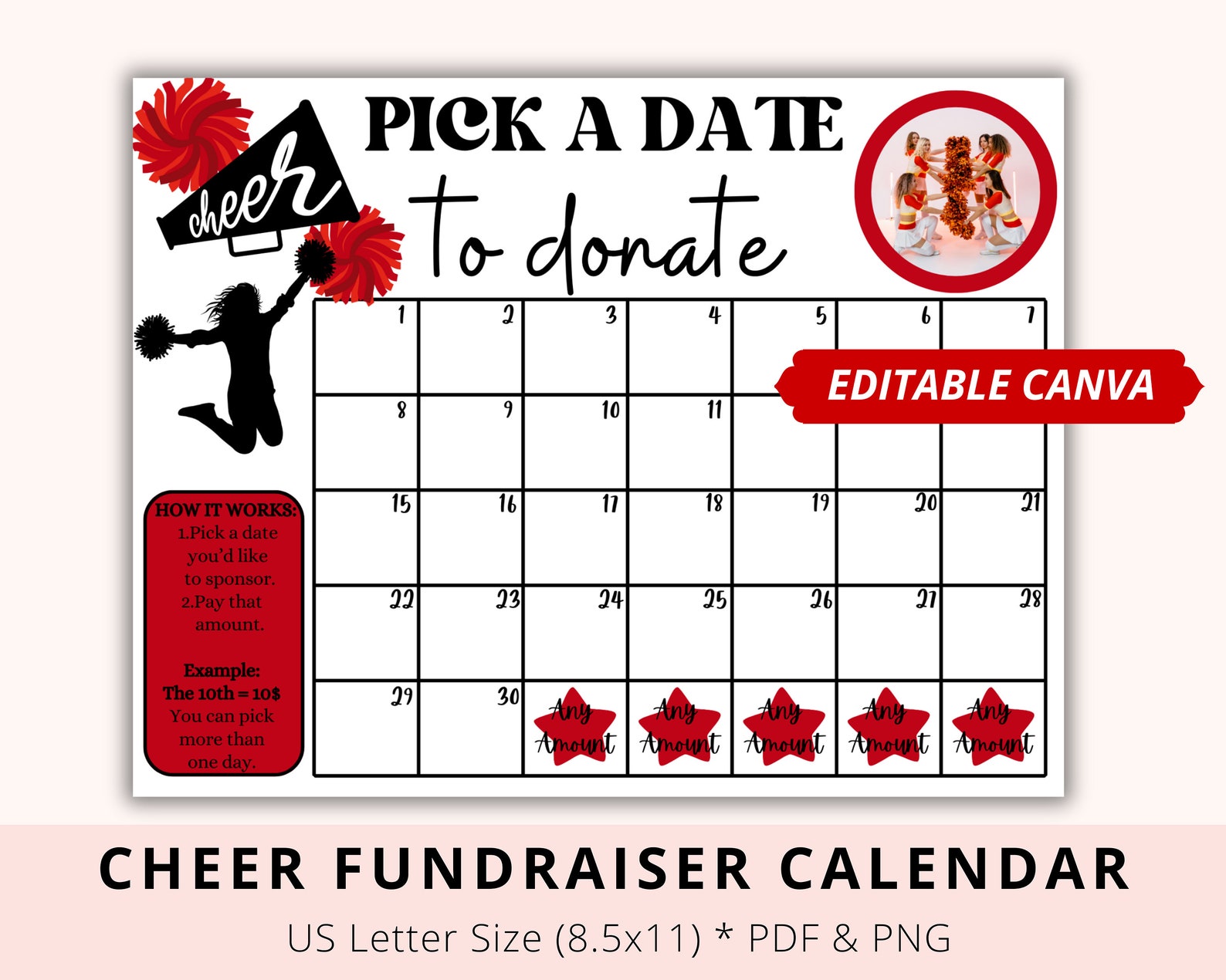 Editable Cheer Pick a Date to Donate, Black Out My Board, Canva, Pay ...
