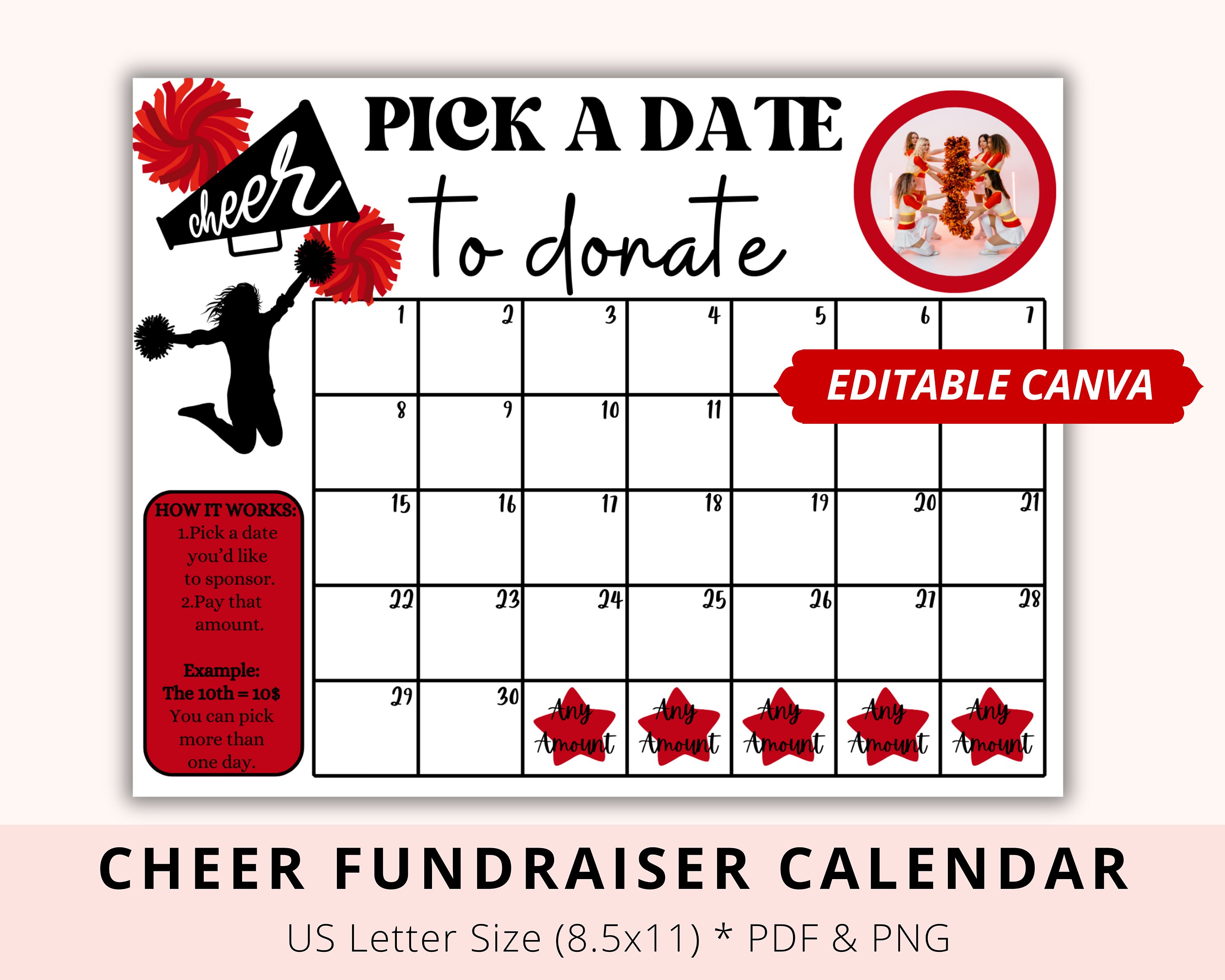 Editable Cheer Pick a Date to Donate, Black Out My Board, Canva, Pay ...