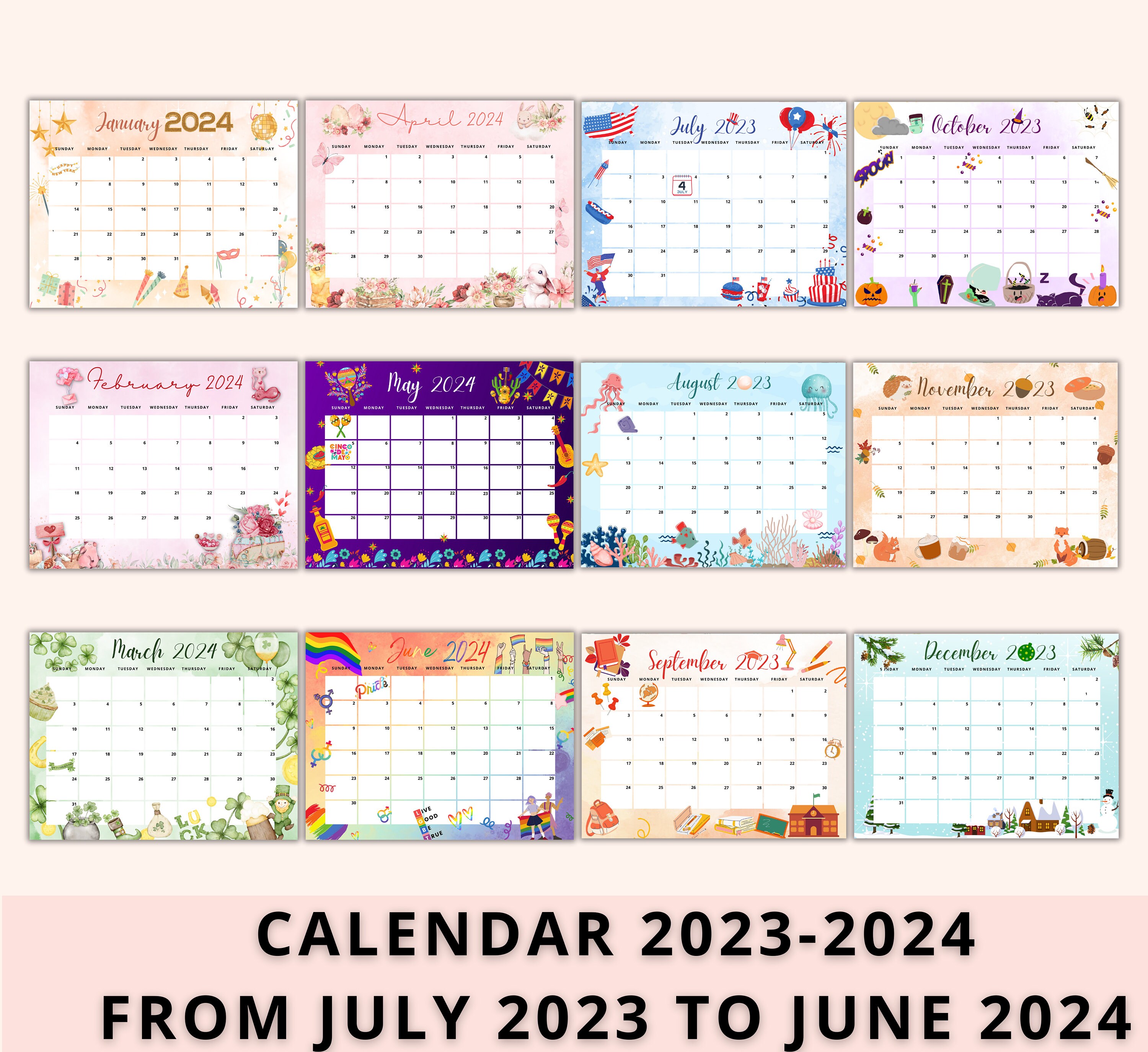 Editable 2023 2024 Calendar Academic Planner 12 Month - Etsy UK