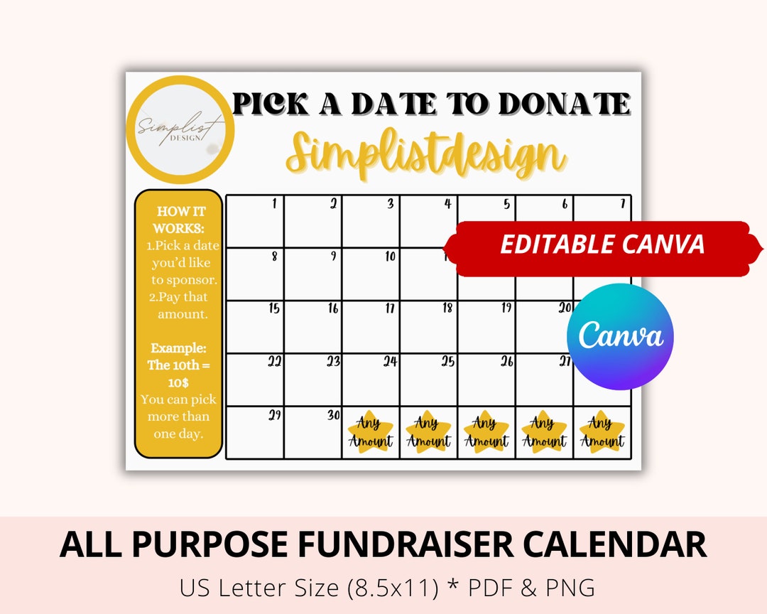 Editable All Purpose Pick a Date to Donate, Yellow Theme, Fundraiser ...