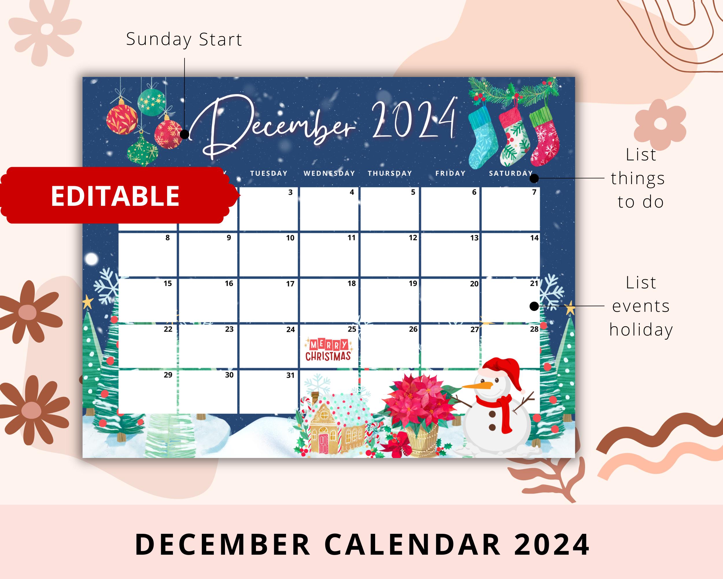 Editable Christmas Calendar 2024 Printable, December 2024, Cat Calendar ...
